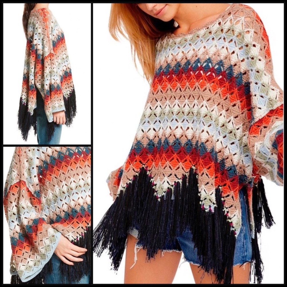Free People Fringe Crochet Poncho Style Top! - Gem